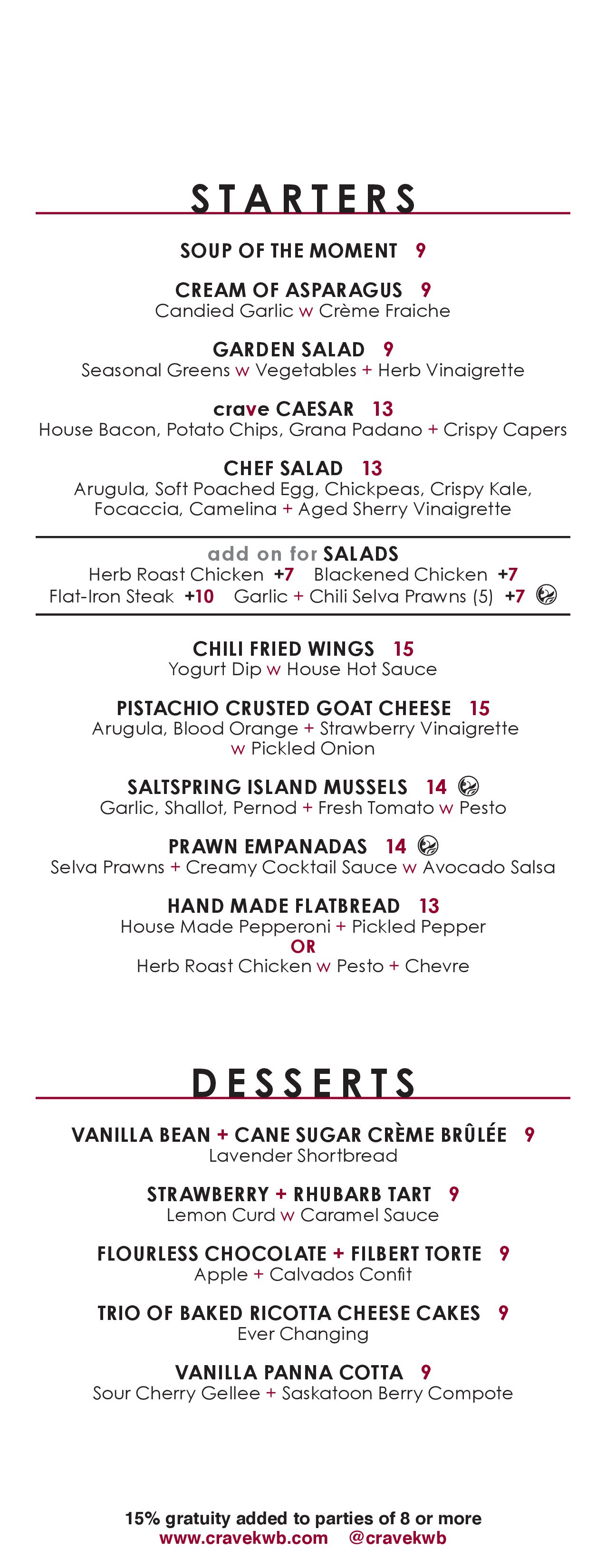 Menu at Crave Kitchen + Wine Bar, Regina