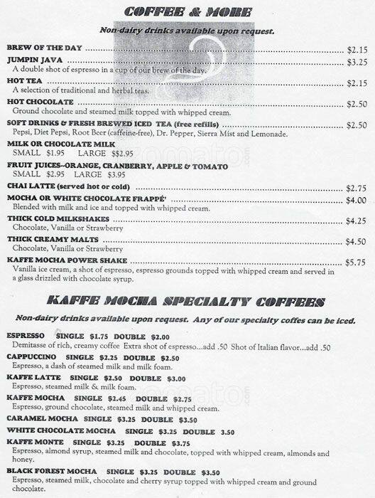 Menu at Kaffe Mocha restaurant, Santa Rosa