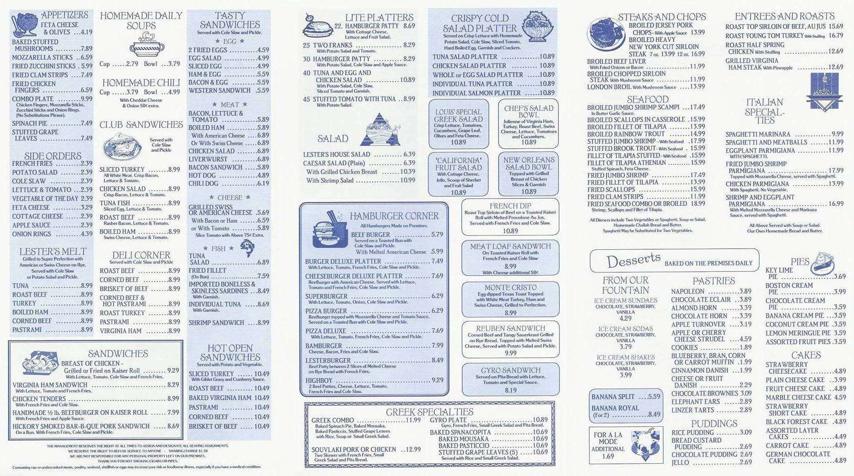 Menu at Lester's Diner, Coconut Creek