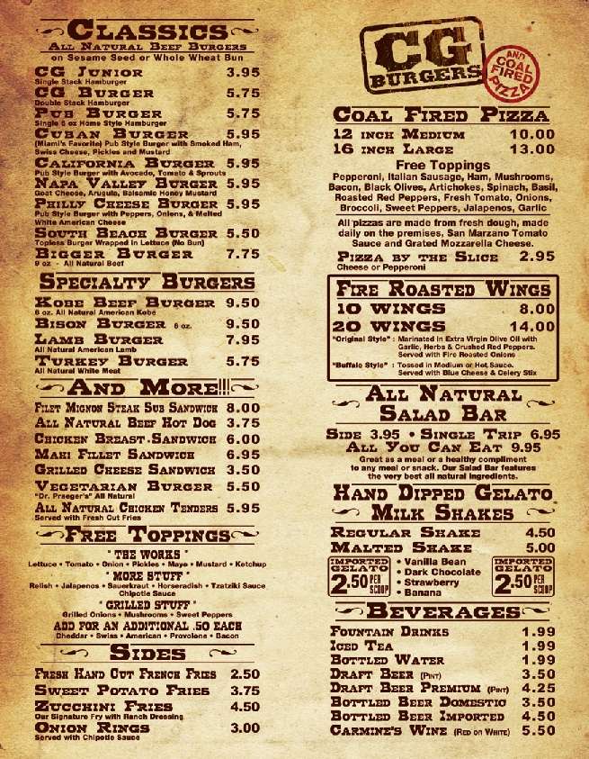 CG Burgers + Coal Fired Pizza Menu - Urbanspoon/Zomato