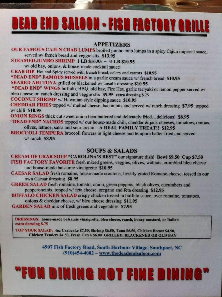 Menu at Dead End Saloon Fish Factory Grille pub & bar, Southport