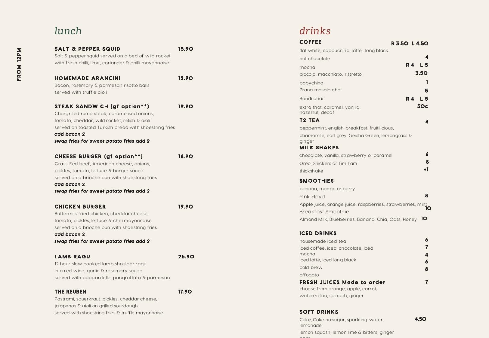 Menu at The Burrow cafe, Marrickville