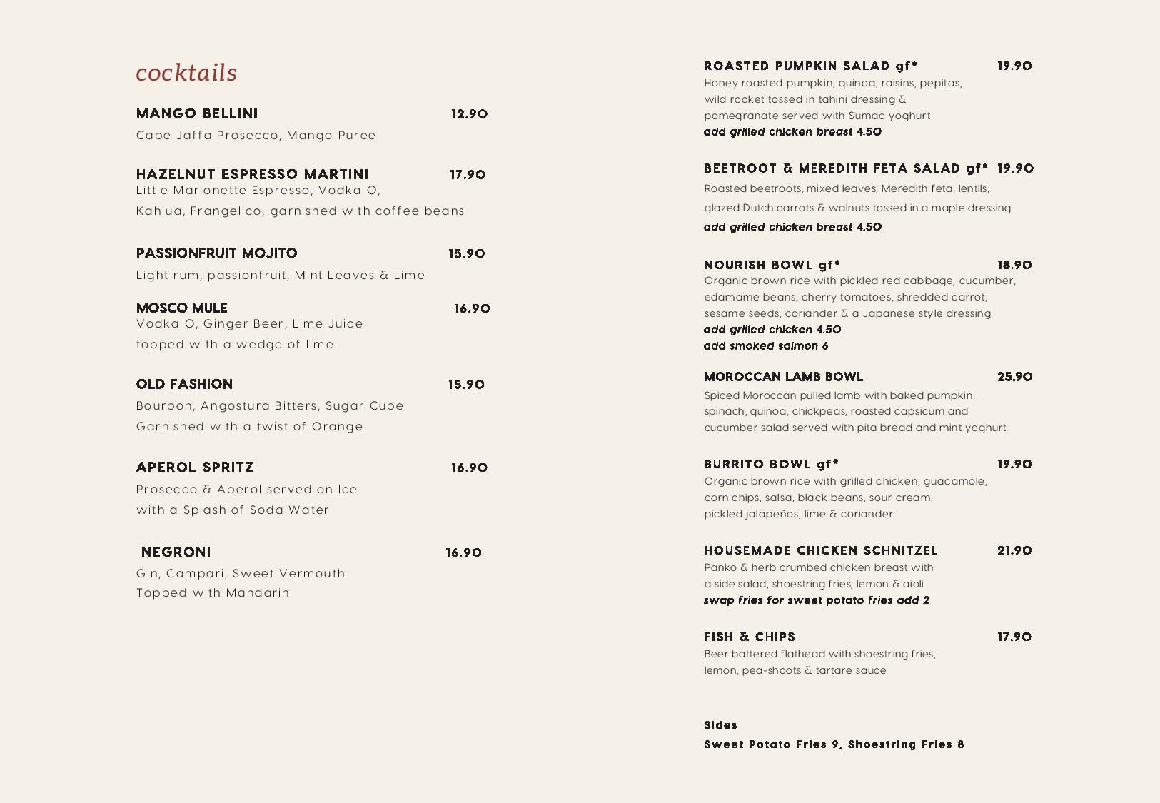 Menu at The Burrow cafe, Marrickville