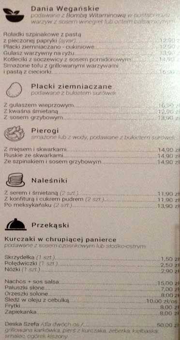 Menu at Club Fair Play, Warsaw