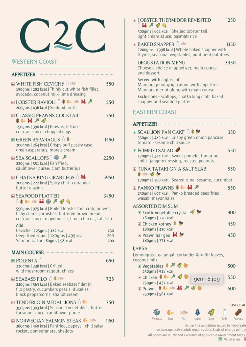 Menu of C2C By Taj Cidade de Goa Horizon, Panaji, Goa