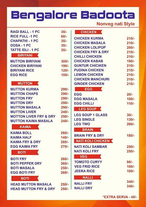 Menu of Bengaluru Baadoota, Nagarbhavi, Bangalore
