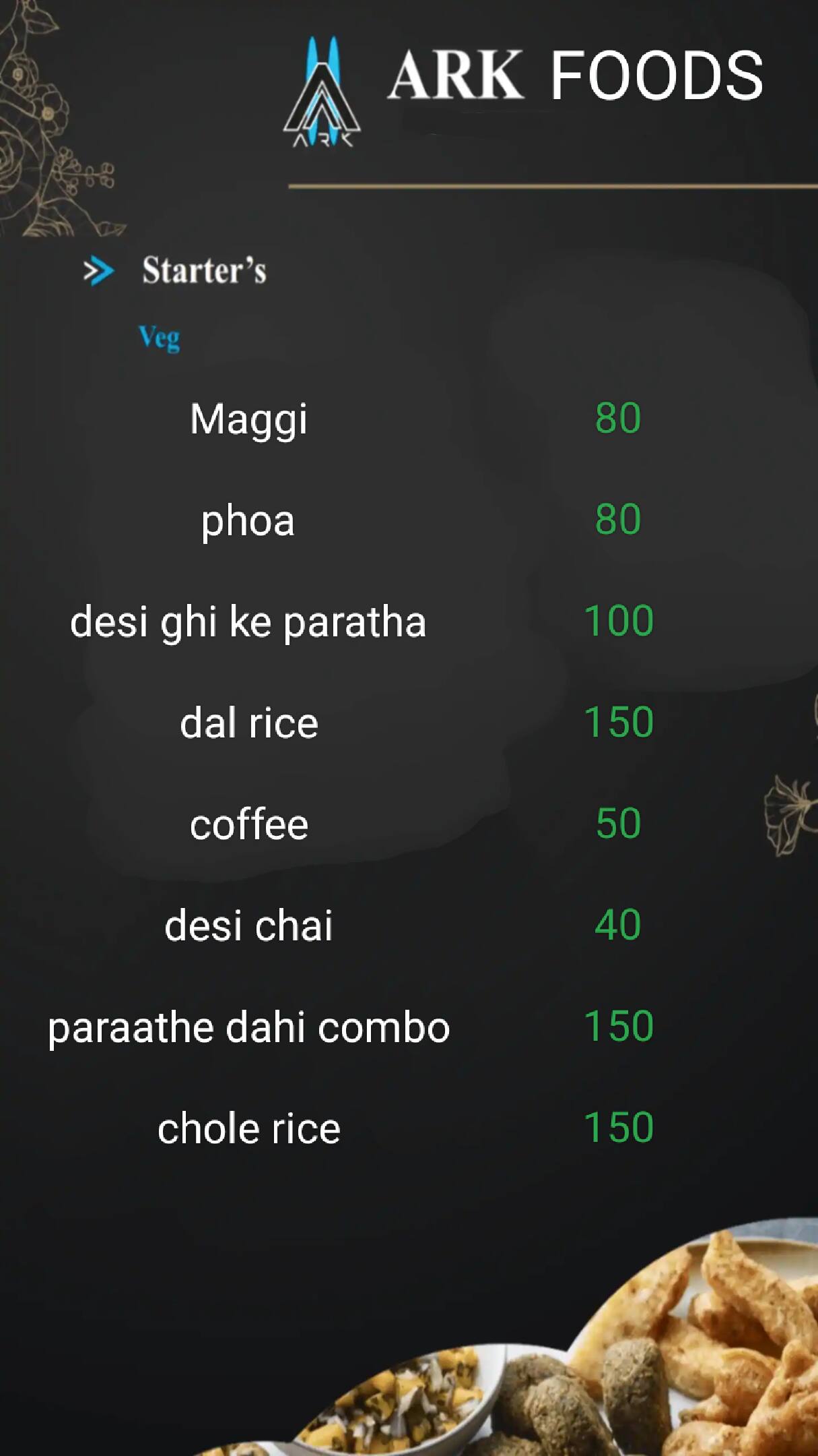 Menu of ARK Foods, Sector 37, Gurgaon