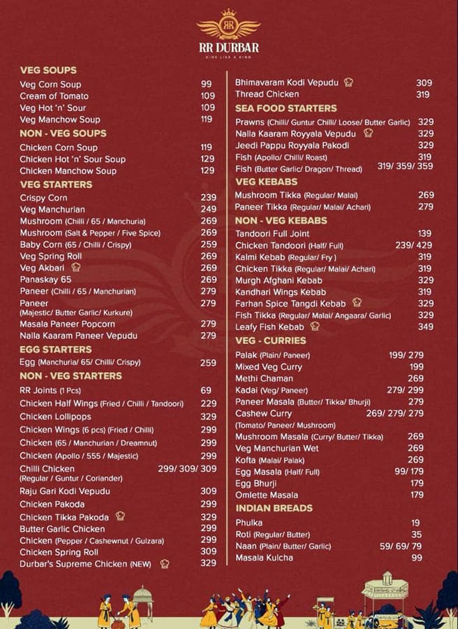 Menu of RR Durbar, Poranki, Vijayawada