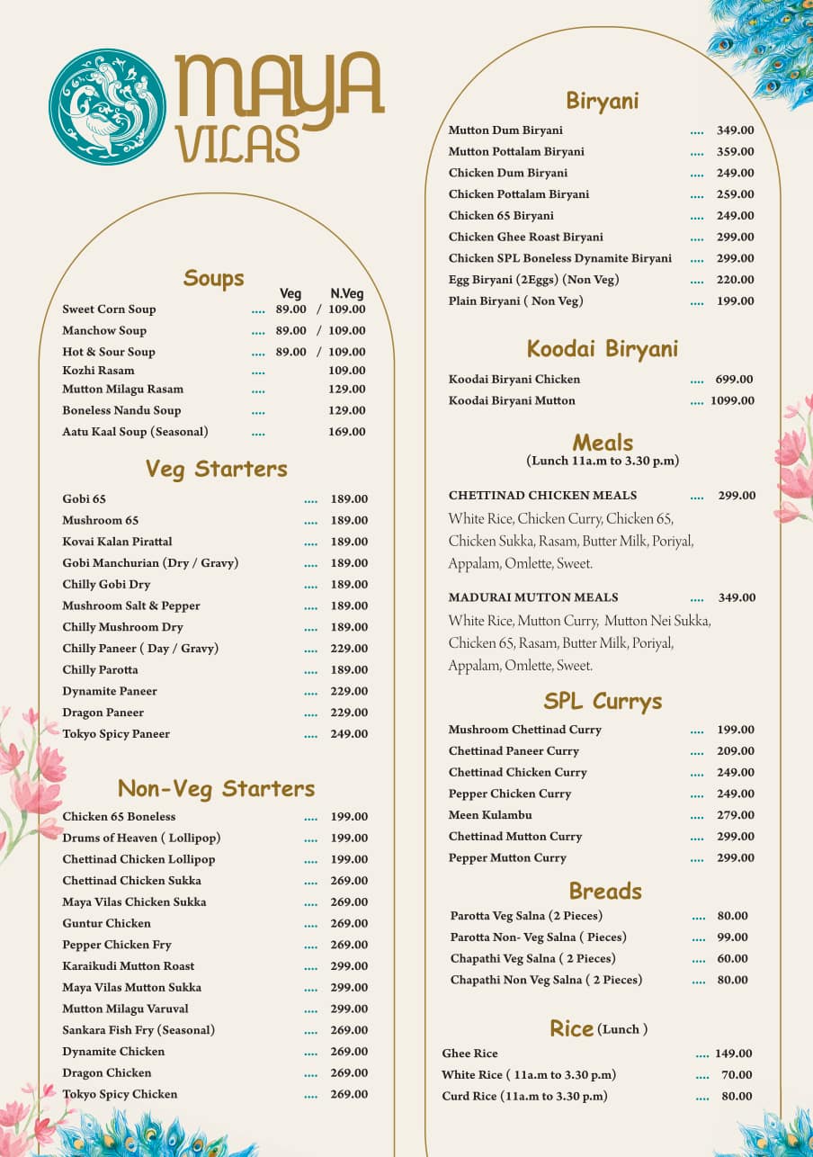 Menu of Maya Vilas, Gopalapuram, Chennai
