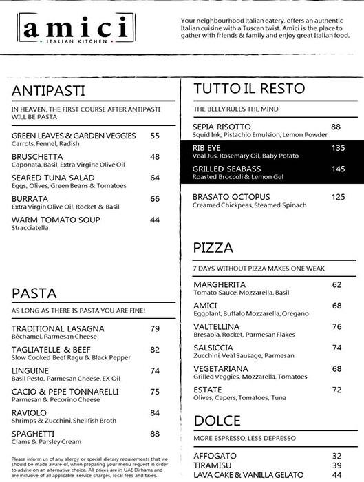 Menu at Amici restaurant, Abu Dhabi, W Abu Dhabi