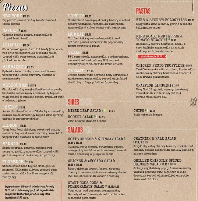 Menu at Fire & Stone pizzeria, London, 31/32 Maiden Ln