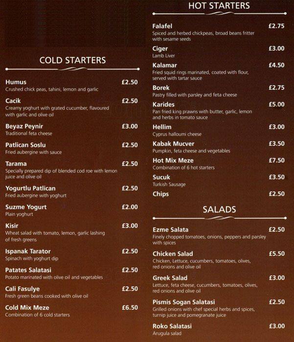 Menu at Efes Ocakbasi restaurant, Enfield