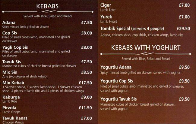 Menu at Efes Ocakbasi restaurant, Enfield