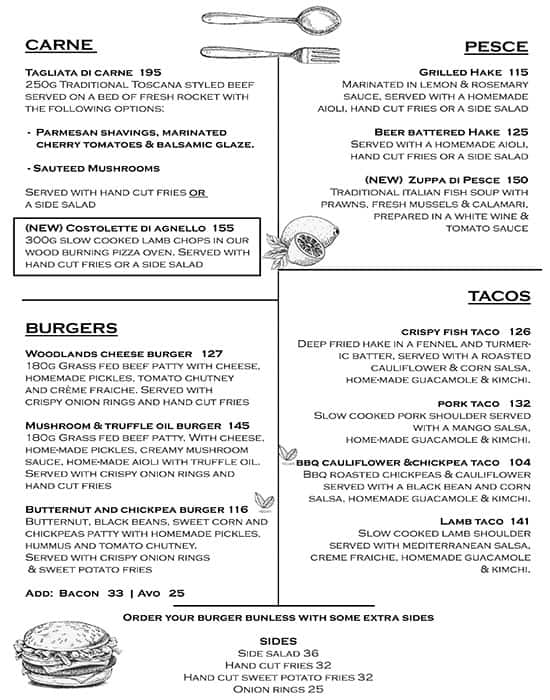 Menu at The Woodlands Eatery restaurant, Cape Town, 8 Breda St