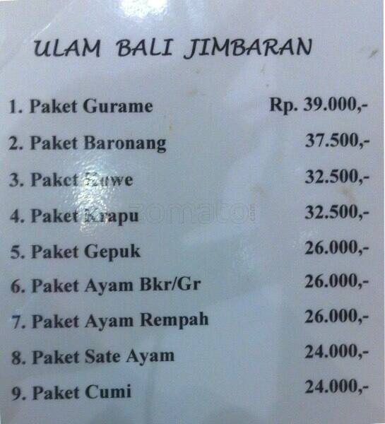 Menu at Jimbaran Seafood Ulam Bali, West Jakarta