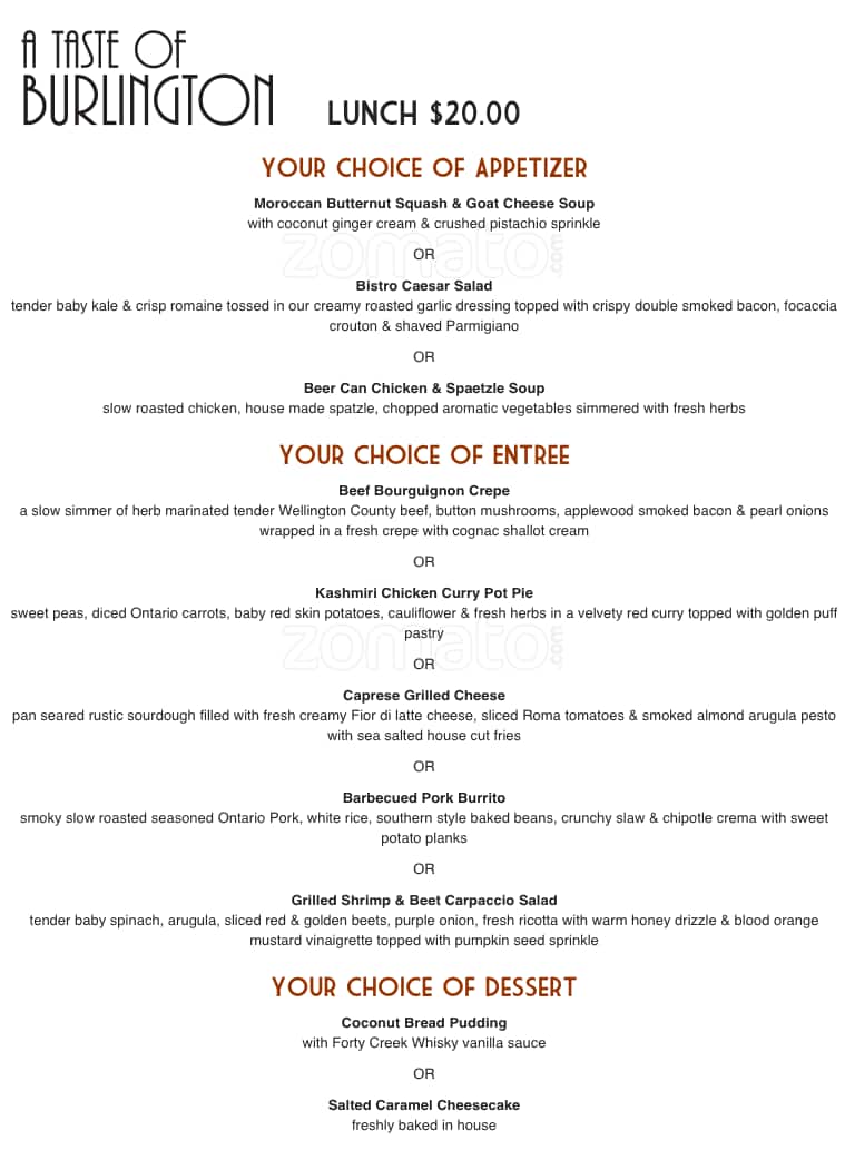 Menu at Downtown Bistro & Grill Casual Fine Dining restaurant, Burlington