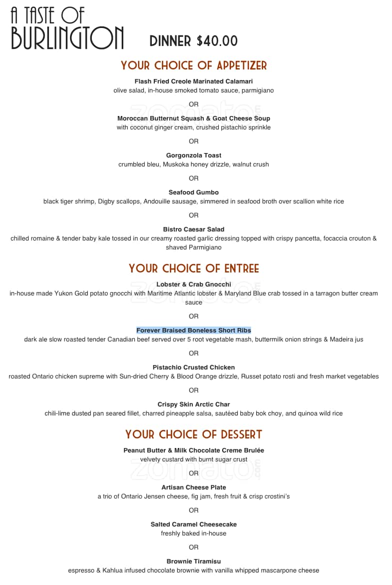 Menu at Downtown Bistro & Grill Casual Fine Dining restaurant, Burlington