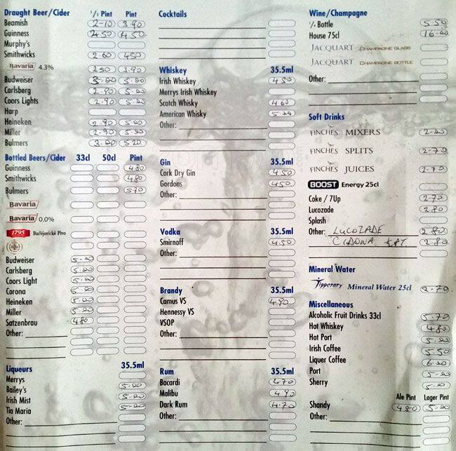 Menu at Lower Deck pub & bar, Dublin