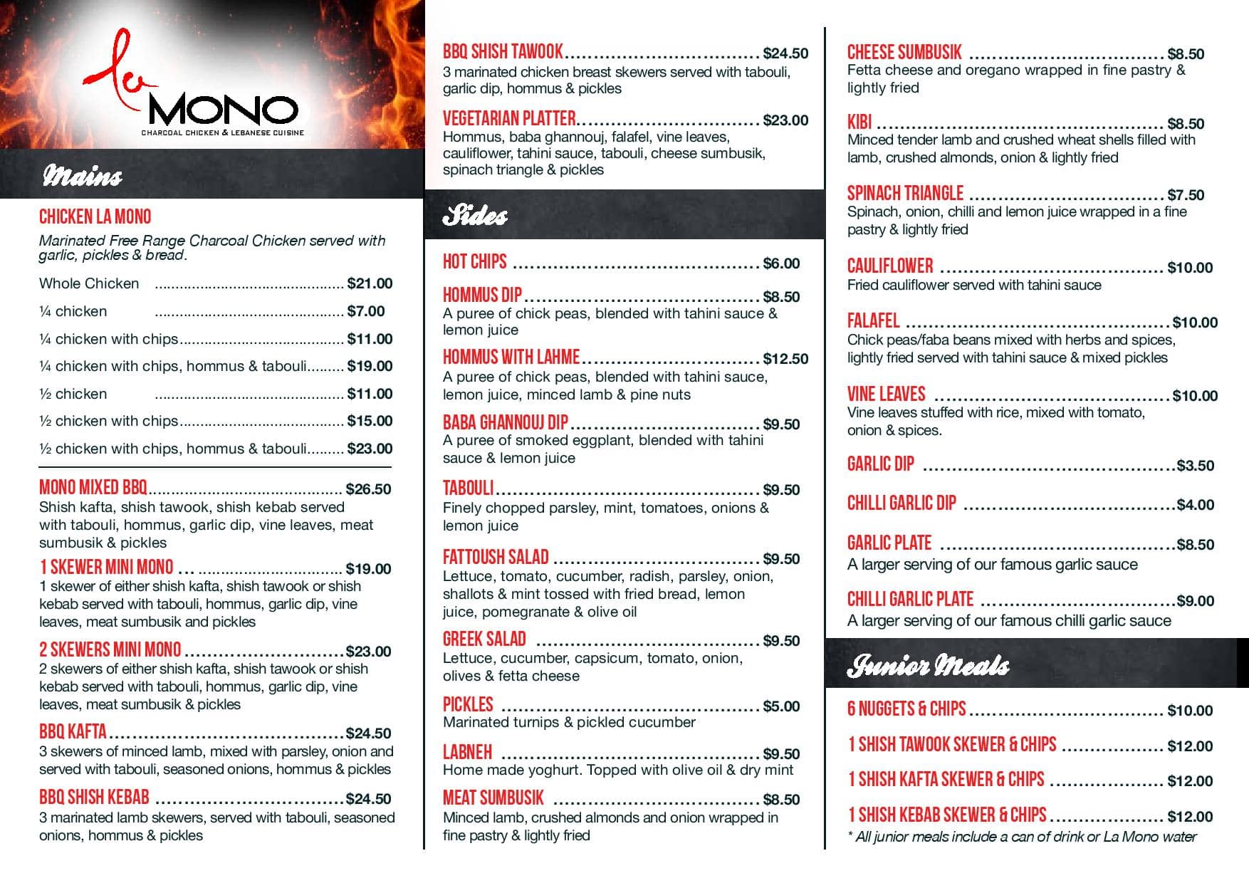 Menu at La Mono restaurant, Merrylands