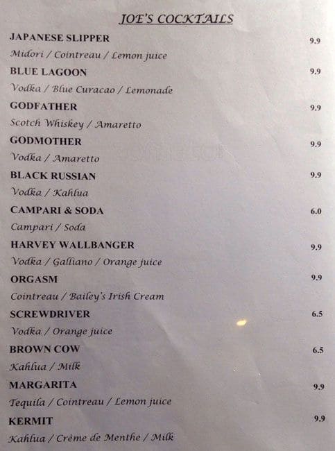 Menu at Joes restaurant, Mentone