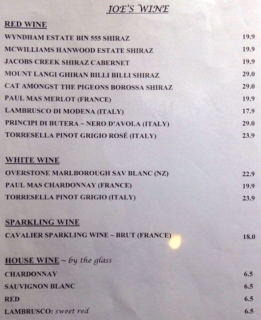Menu at Joes pizzeria, Mentone