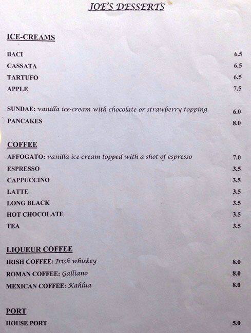 Menu at Joes restaurant, Mentone