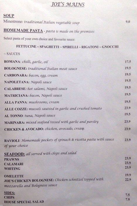 Menu at Joes restaurant, Mentone