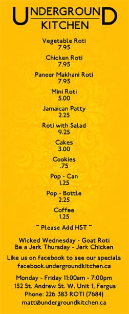 Menu at Underground Kitchen restaurant, Fergus