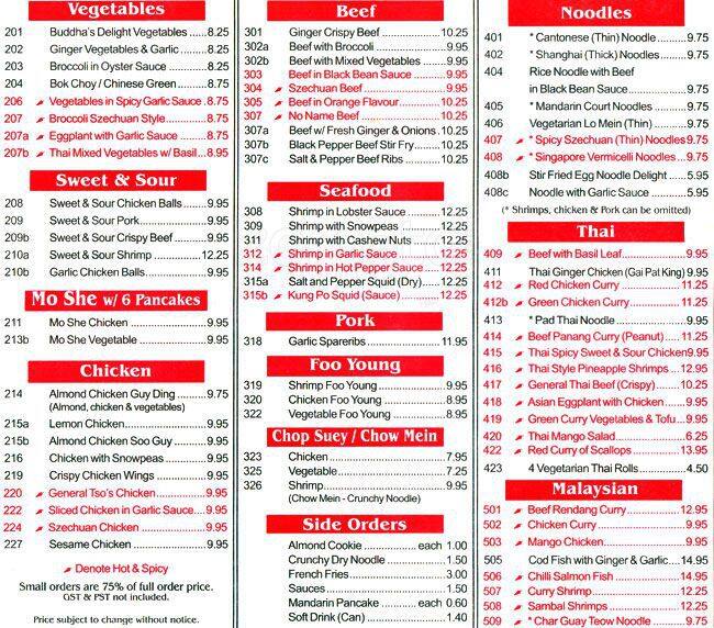 Menu at Mandarin Court restaurant, Ottawa