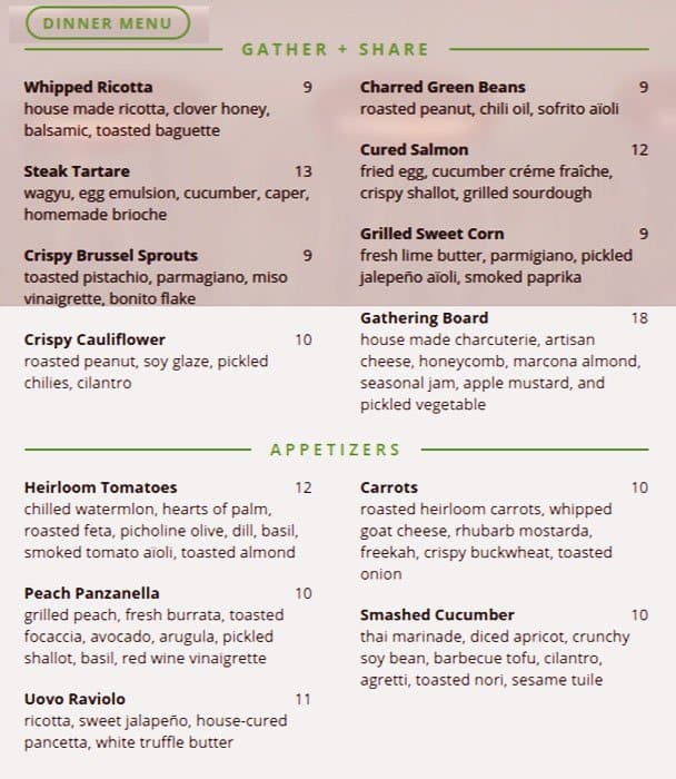 Menu at Gather pub & bar, Chicago