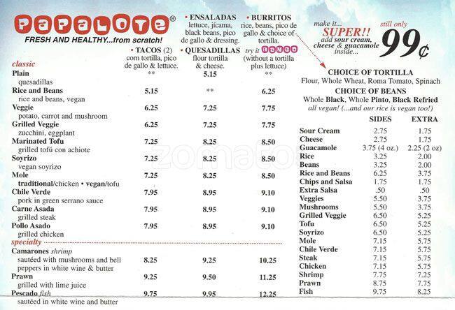 Menu at Papalote restaurant, San Francisco, 24th St