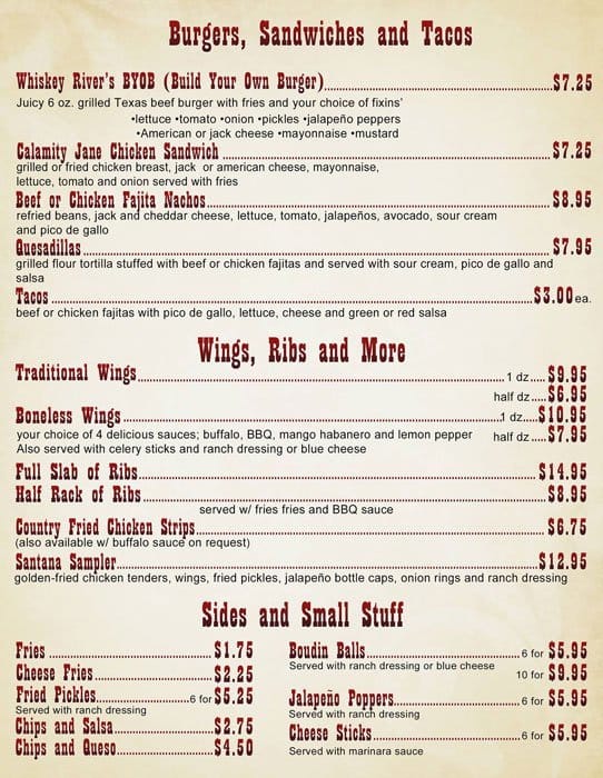 Menu at Whiskey River North pub & bar, Houston, Farm to Market 1960 Rd W