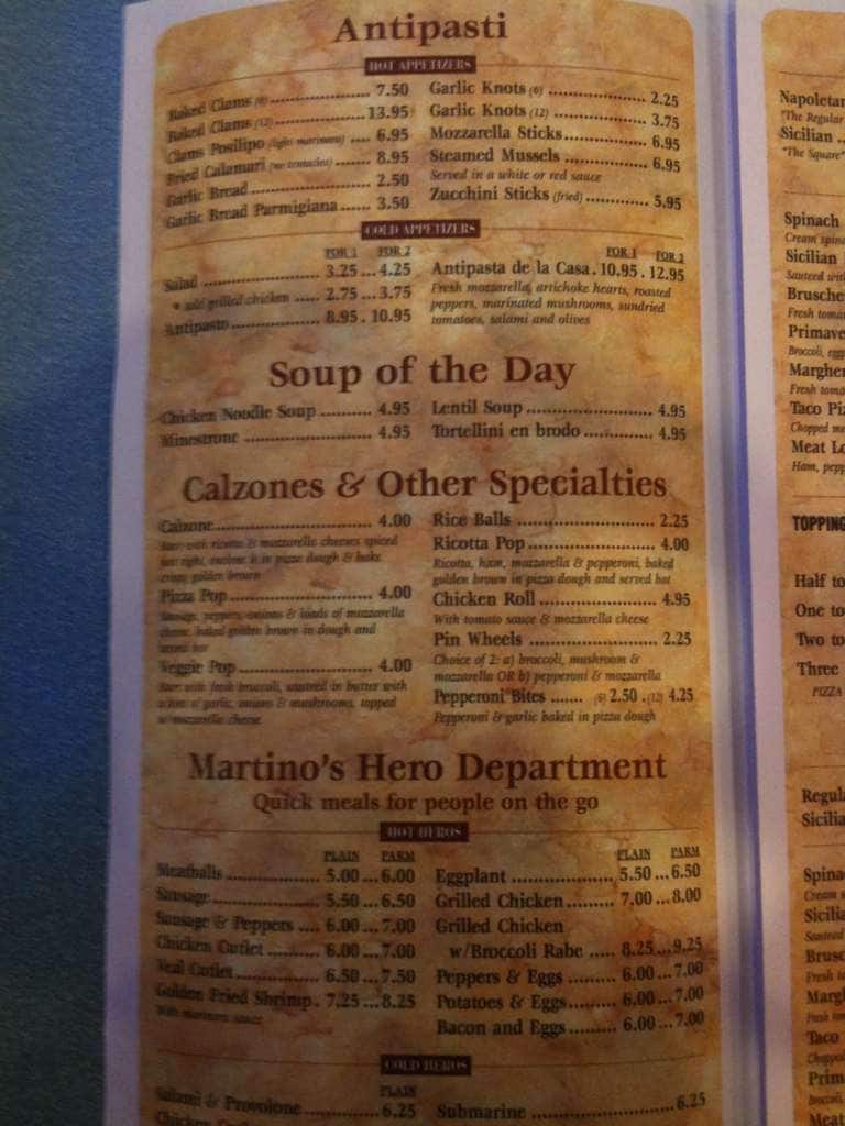 Menu at Martino's pizzeria, Elmont