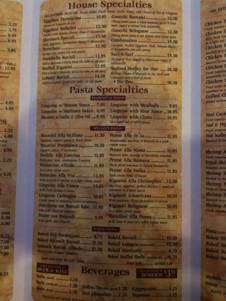 Menu at Martino's pizzeria, Elmont
