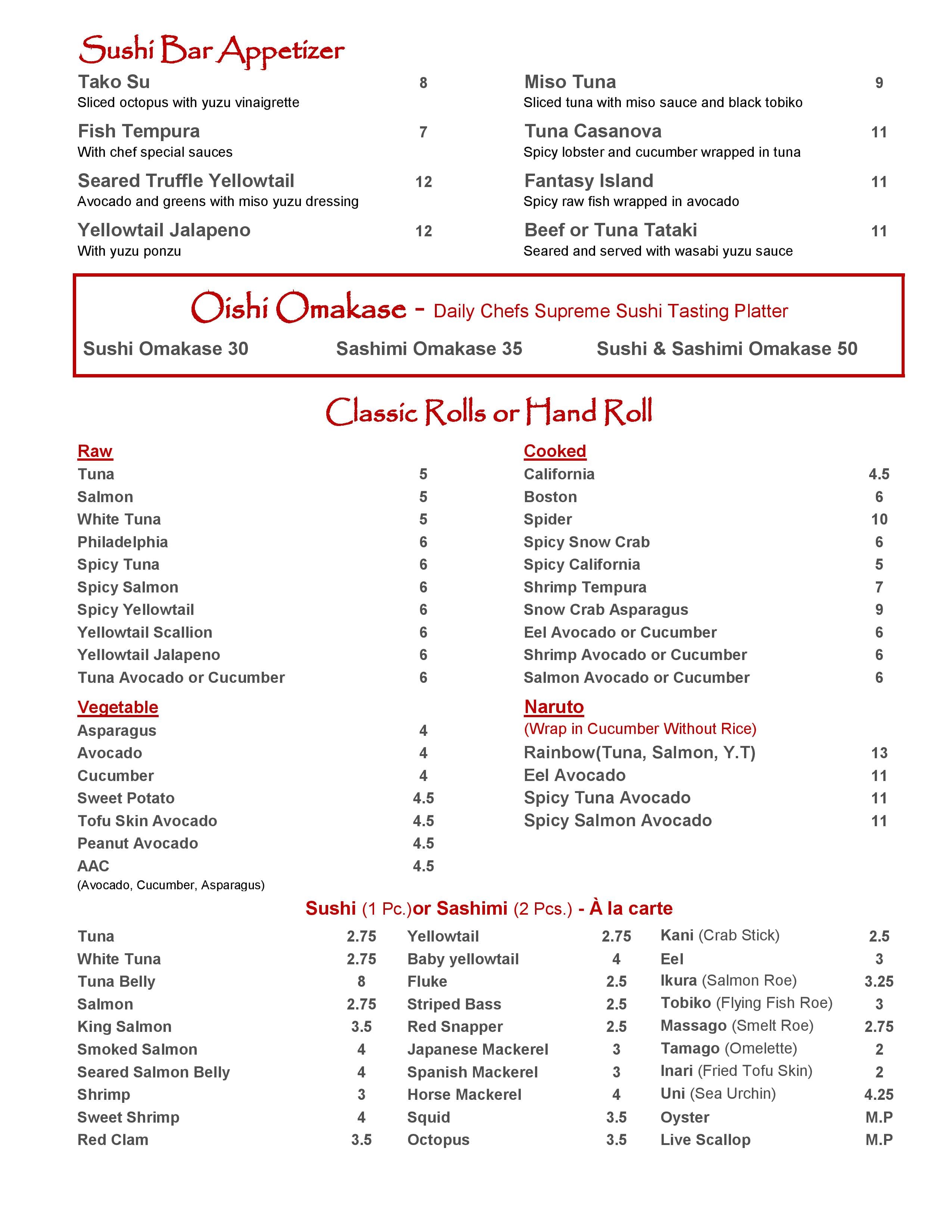 Menu at Oishi Sushi & Izakaya restaurant, Norwalk