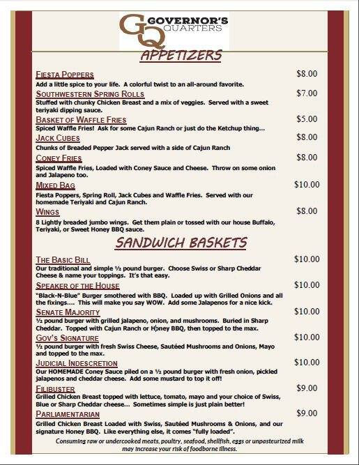Menu at Governor's Quarters pub & bar, Bay City