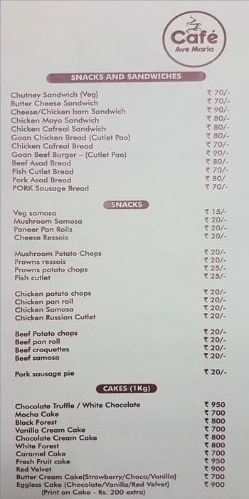 Menu at Cafe Ave Maria, Taleigao