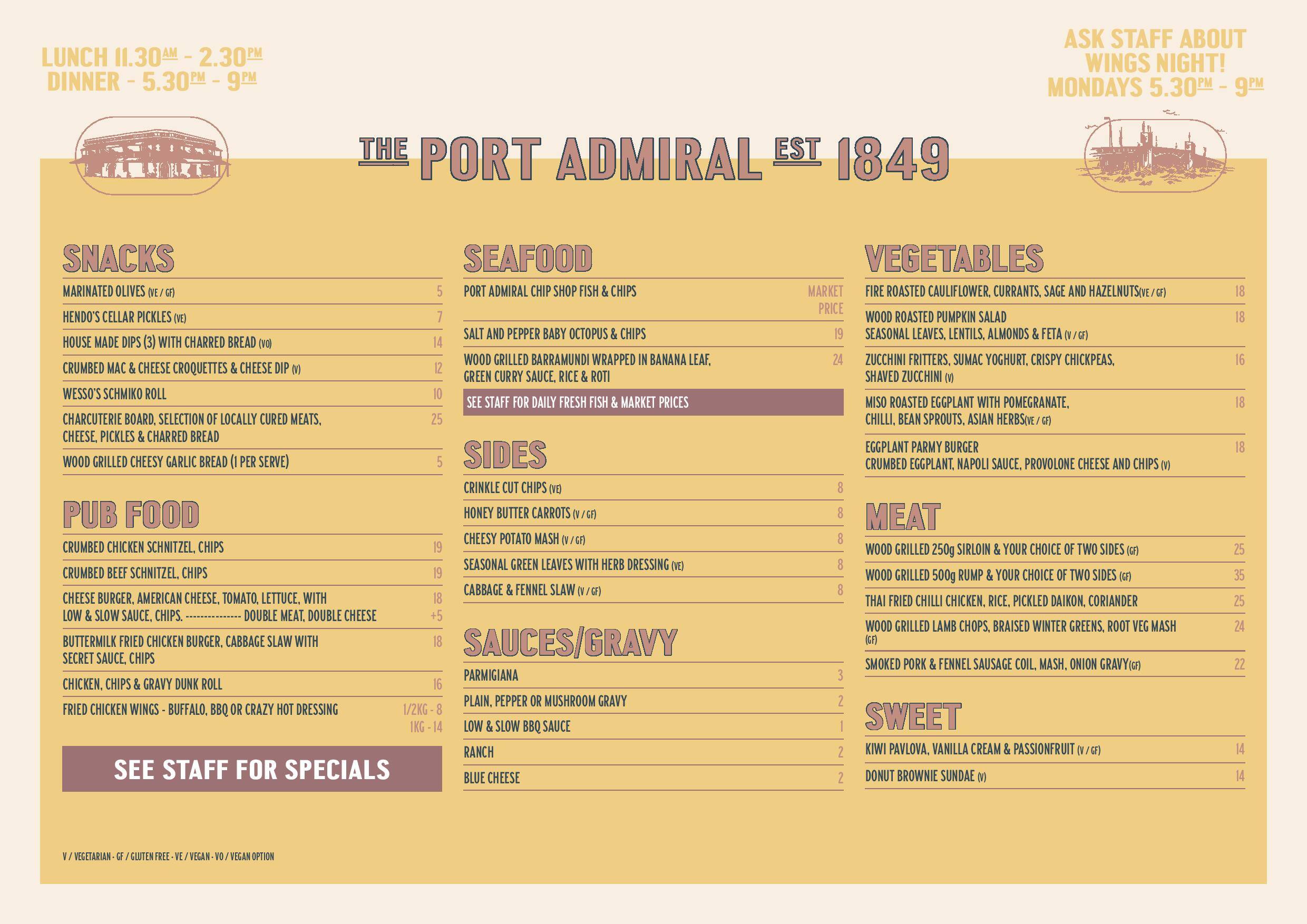 Menu at Port Admiral Hotel pub & bar, Port Adelaide