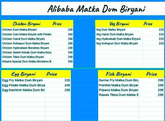 Menu of Alibaba Matka Dum Biryani, Dahisar East, Mumbai