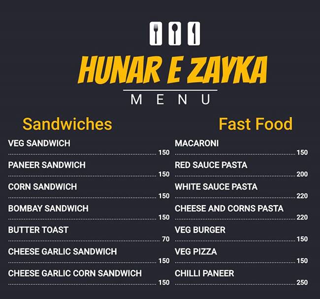 Menu at Hunar E Zayka, New Delhi