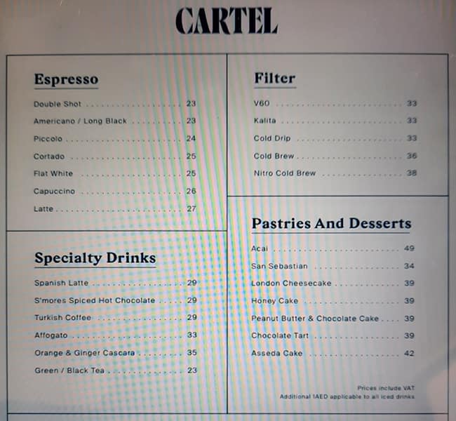Menu of Cartel Coffee, Khalifa City, Abu Dhabi