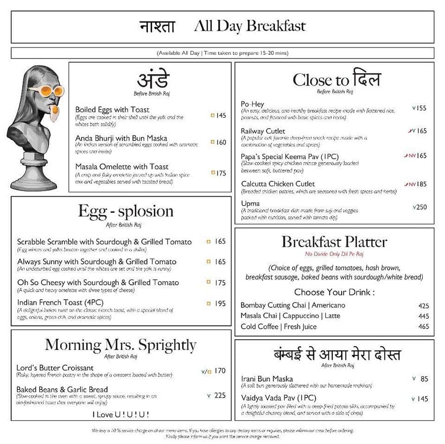 Menu of BBR Coffee By Before British Raj, Siri Fort Road, New Delhi