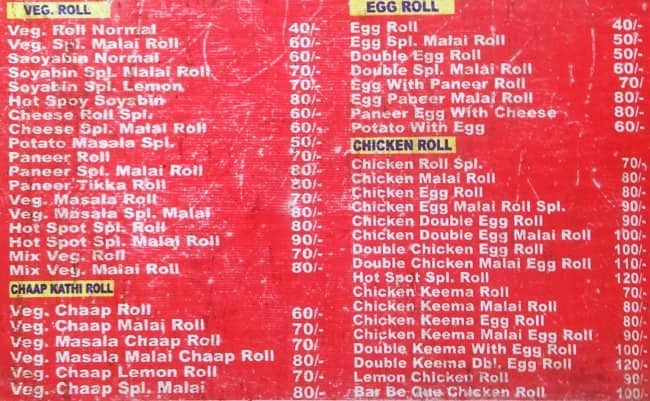 Hot Spot Roll Corner Menu, Menu for Hot Spot Roll Corner, Paschim Vihar ...