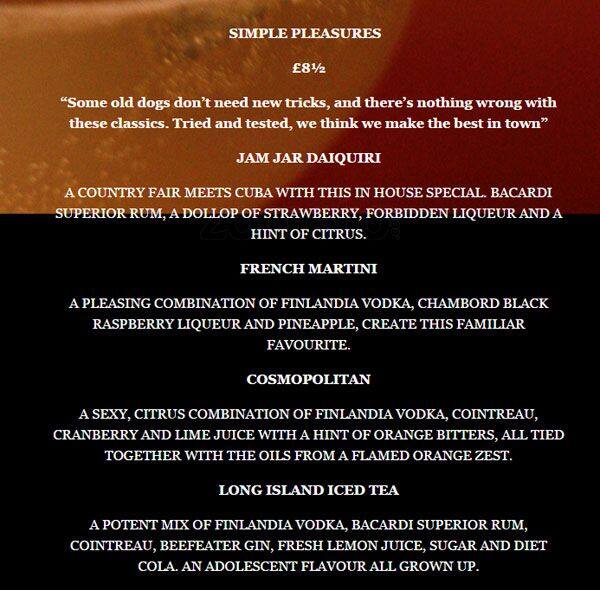 Menu at Covent Garden Cocktail Club, London