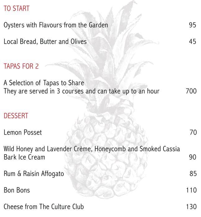 Menu at Beau Constantia restaurant, Cape Town