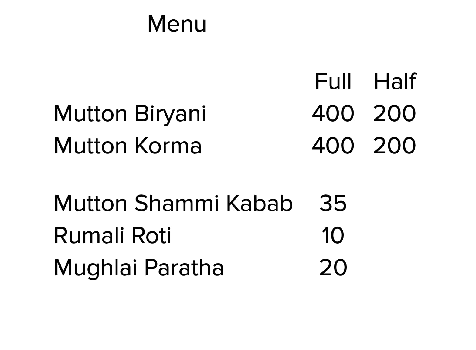 Menu of Lalla Biryani - Since 1985, Chowk, Lucknow