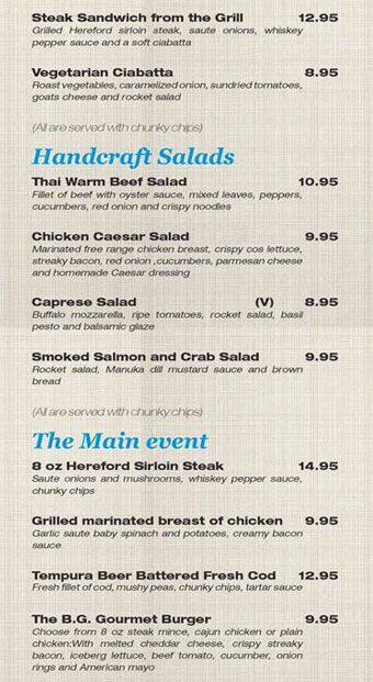 Menu at Blue Ginger restaurant, Dublin