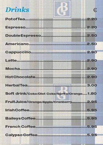 Menu at Blue Ginger restaurant, Dublin