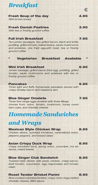 Menu at Blue Ginger restaurant, Dublin