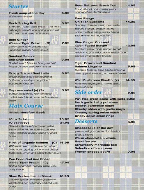 Menu at Blue Ginger restaurant, Dublin